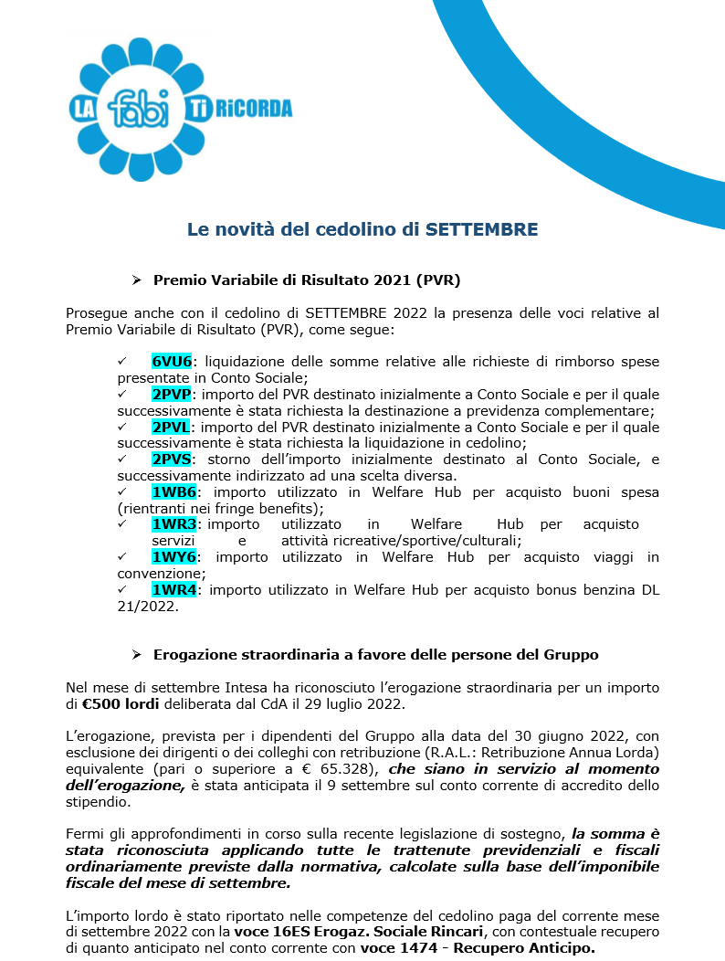 Fabi News - Le novita' del cedolino di SETTEMBRE Fabi News - Le novita' del cedolino di SETTEMBRE